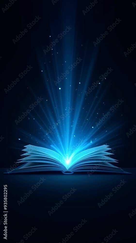 book with blue digital rays, particles and glowing on black background ...