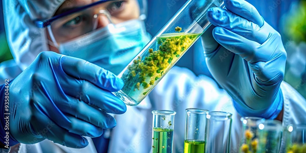 Scientist holding a sample of bacteria in a test tube conducting ...