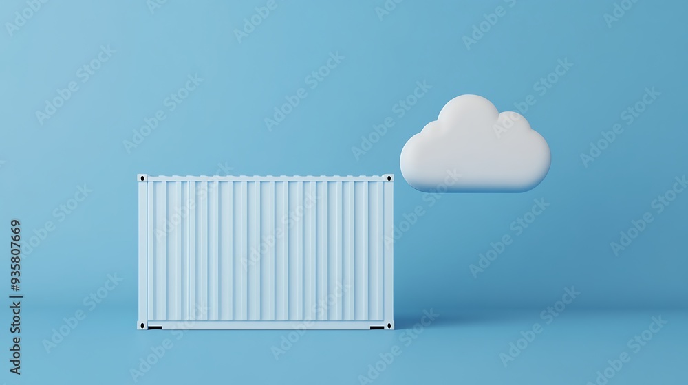 Minimalist image of a shipping container and a cloud in a clear blue ...