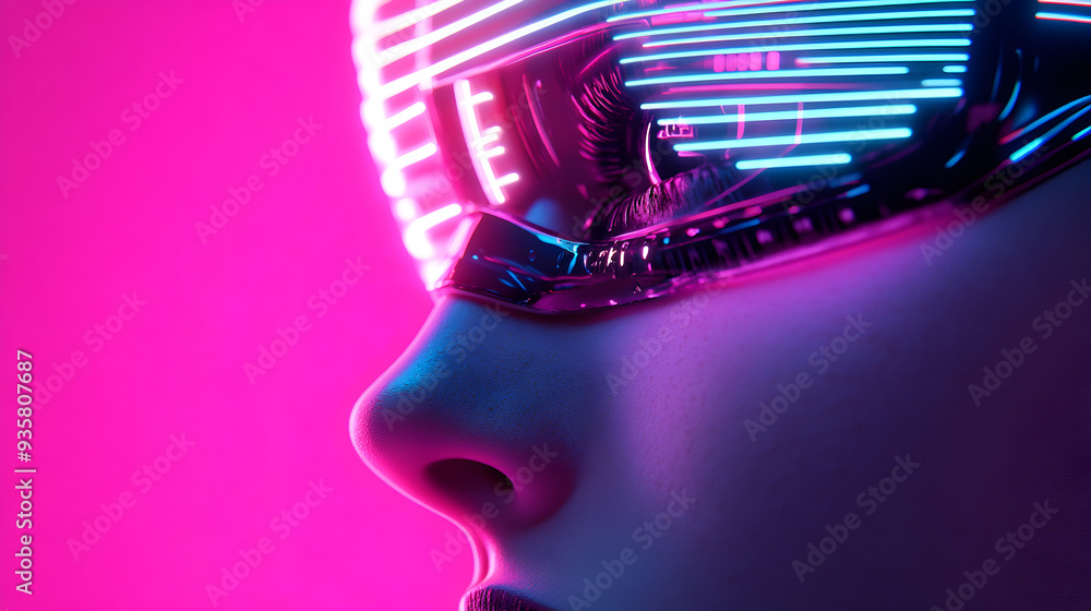 Futuristic android woman illuminated by vibrant neon lights, showcasing ...