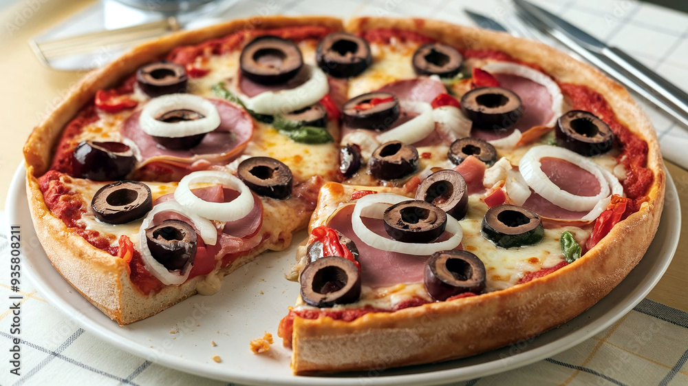 Chicago-style deep-dish Supreme pizza with olives, peppers, ham, onions ...