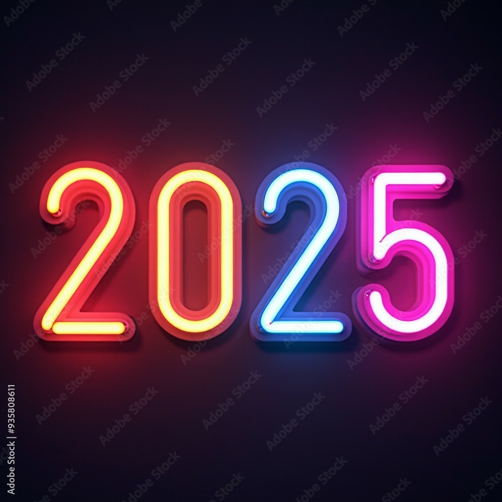Neon "2025" sign in bold, glowing colors set against a dark backdrop ...