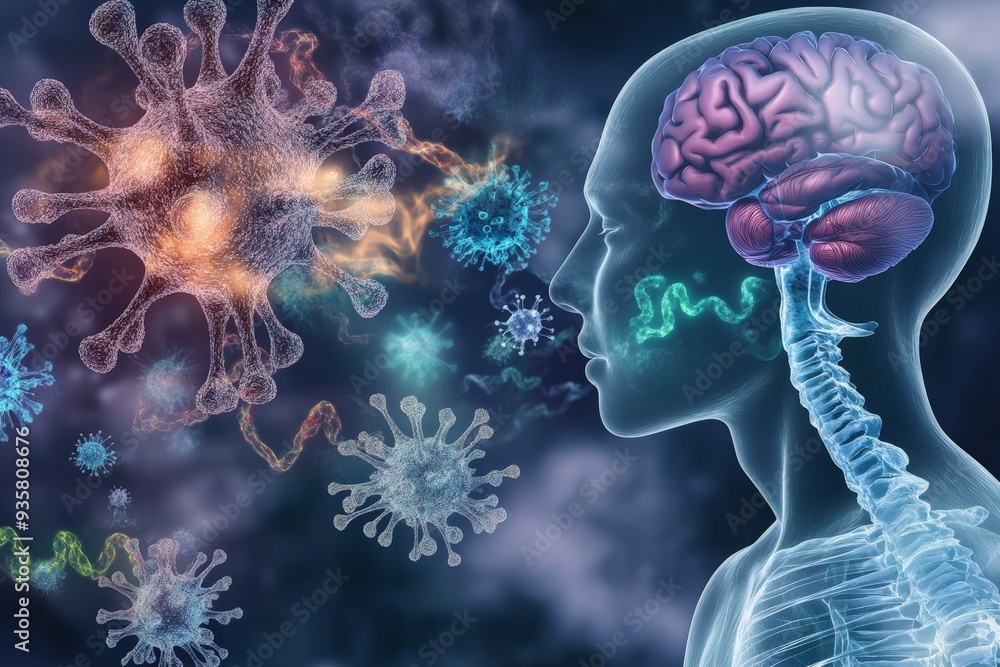 Conceptual illustration showing the human brain and nervous system with ...