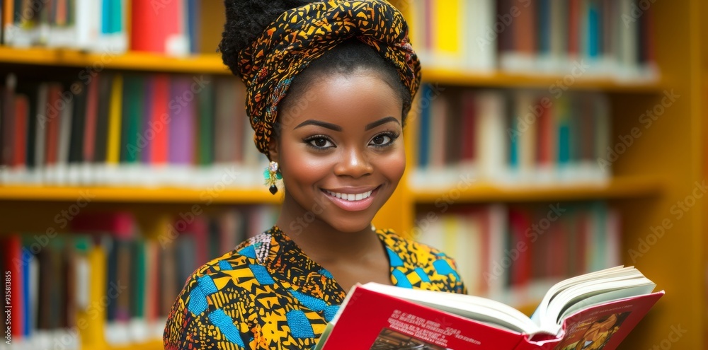 Black disabled university student reading a library book on her ... Black disabled university student reading a library book on her ...