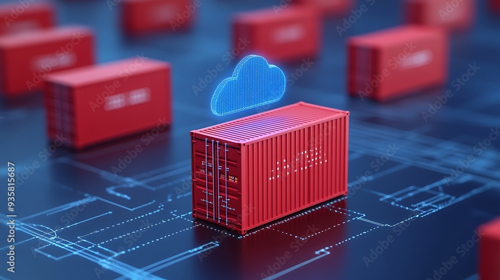 Red shipping containers with cloud icon, representing cloud computing ...