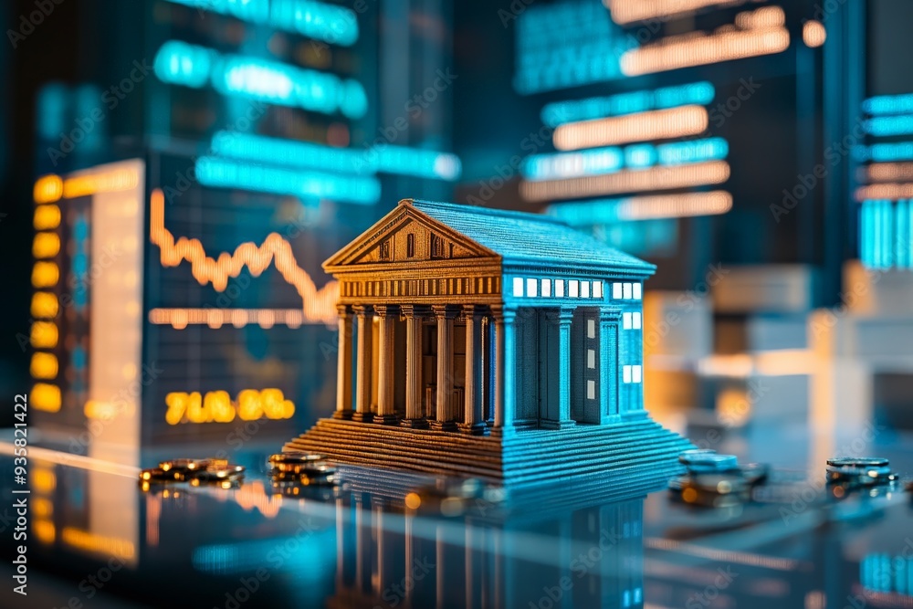 A tiny, realistic bank model stands amidst a background of vibrant ...