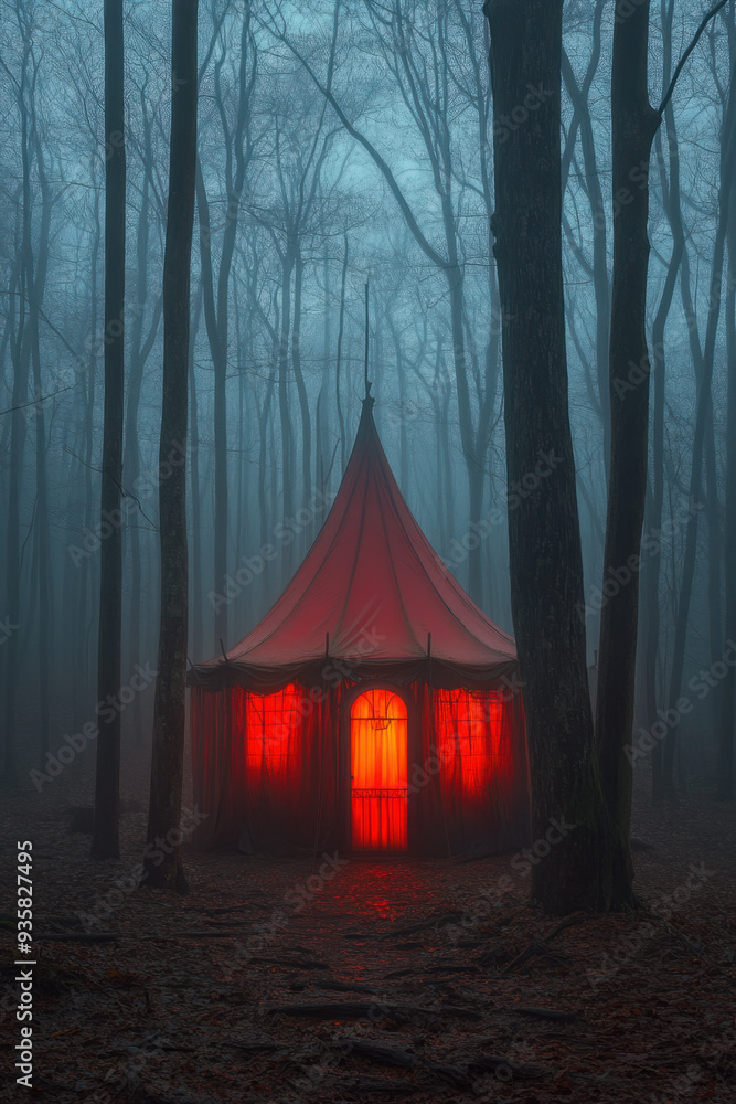 Halloween Circus, A spooky circus tent glows red in a foggy forest, its ...