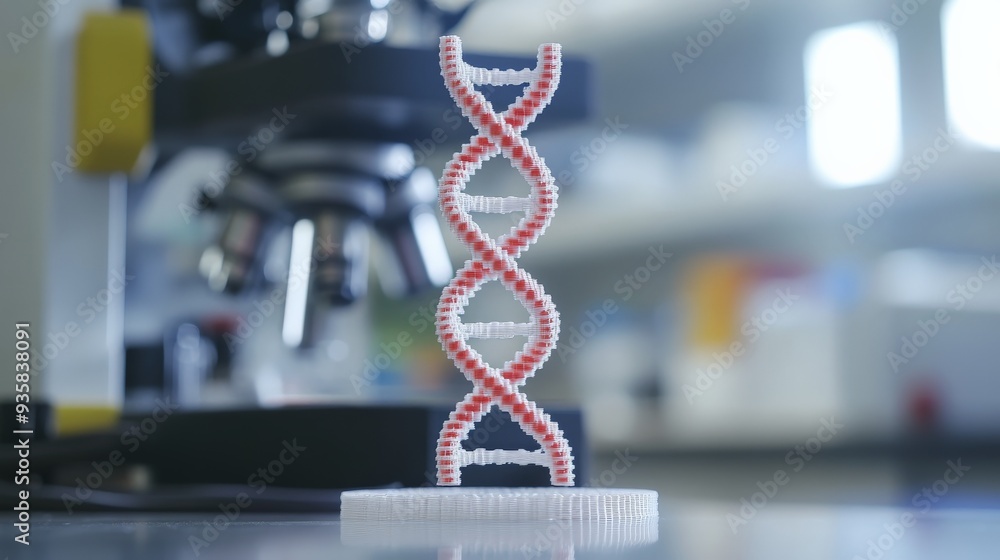 A 3D-printed DNA helix model in a modern laboratory with a microscope ...