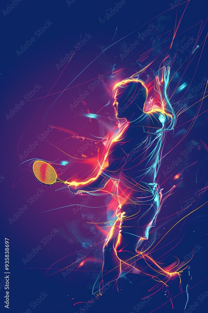 Badminton players are represented as a single, flowing line. The neon ...
