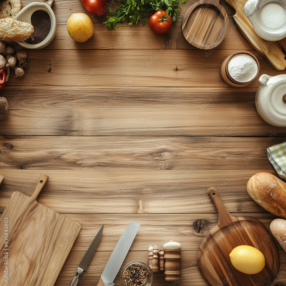 wood table top view empty in center with kitchen props around clean and ...
