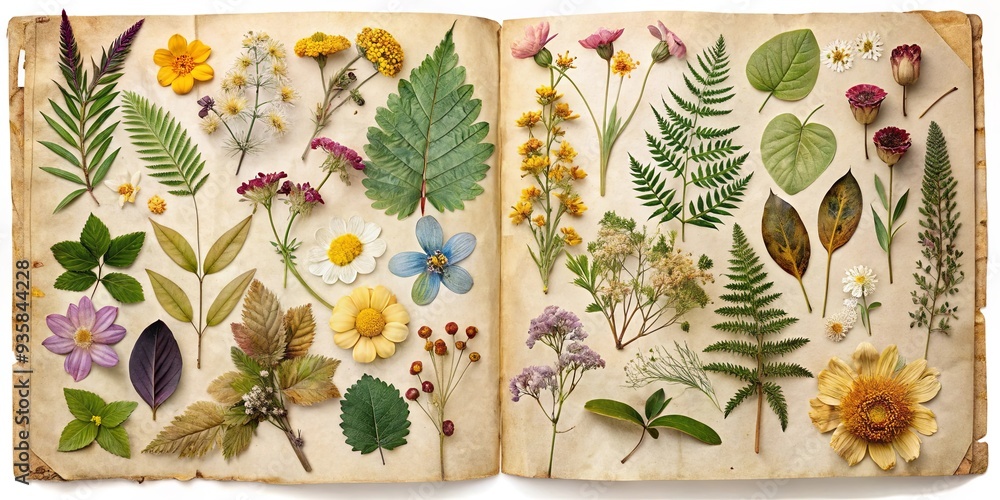 Vintage botanical collage with pressed flowers, leaves, and sketches in ...