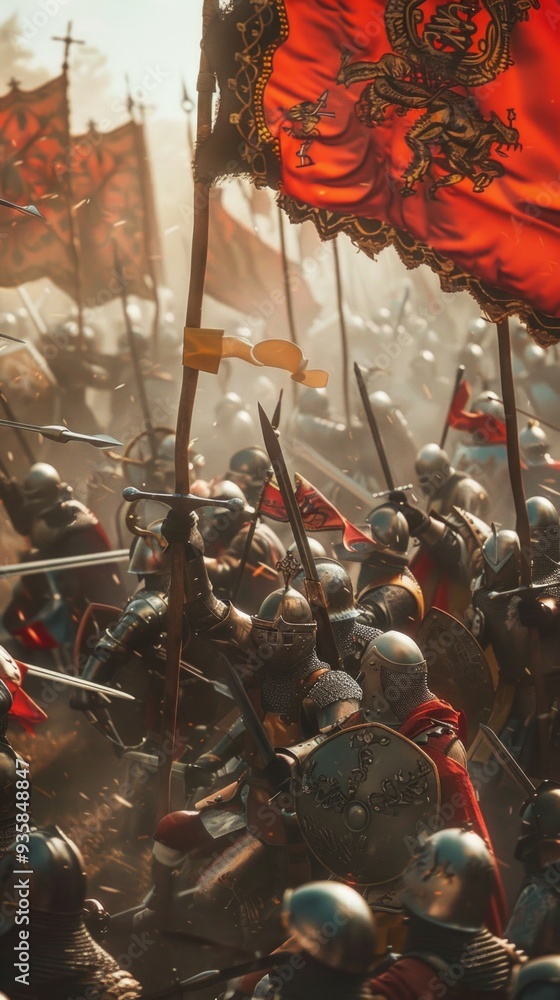 An army of knights in red armor with swords and shields in battle ...
