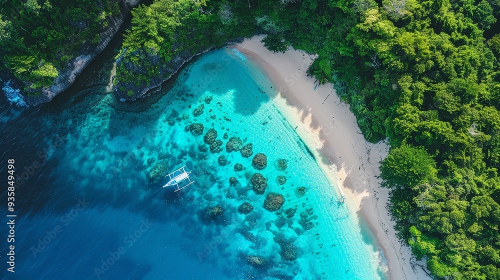 Photograph a remote beach accessible only by boat, with an aerial view ...