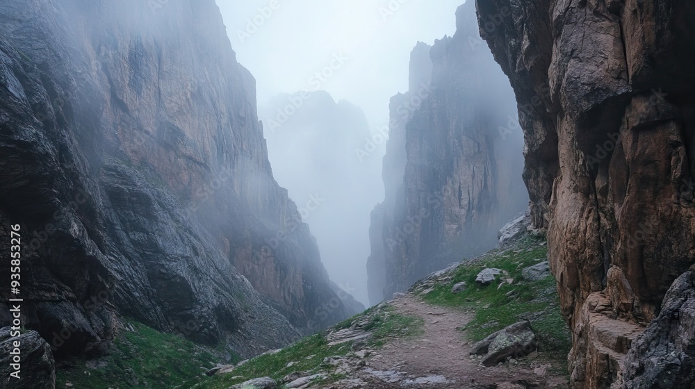 Hidden Mountain Pass Enveloped in Mist with Towering Cliffs and a ...