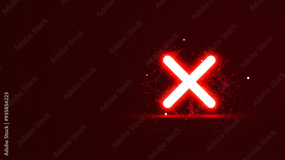 Red glowing cross sign with plexus lines and glitter particles. Wrong ...