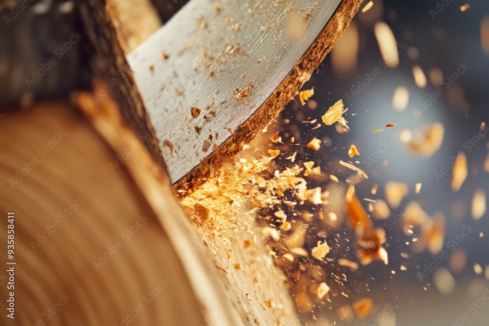 A sharp saw blade is depicted in the middle of cutting through a piece ...