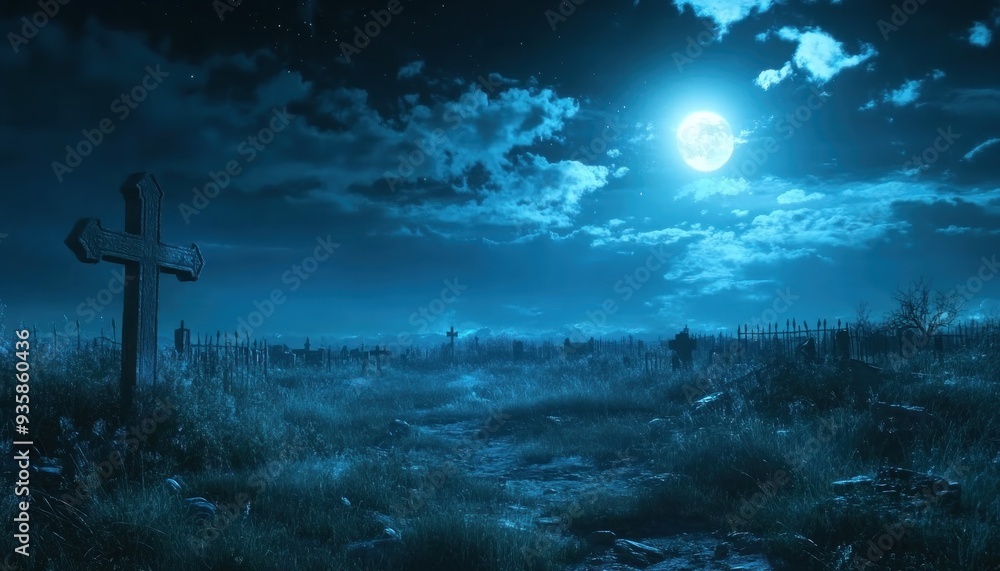 Eerie Cemetery Under a Dark Night Sky with Full Moon, Chilling Silence ...