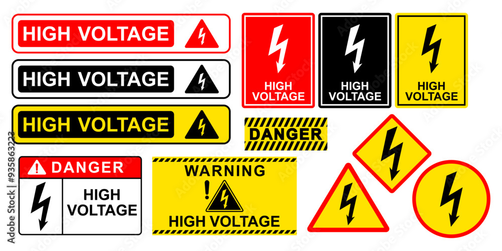 High voltage sign set. Caution or danger or warning sign, electrical ...