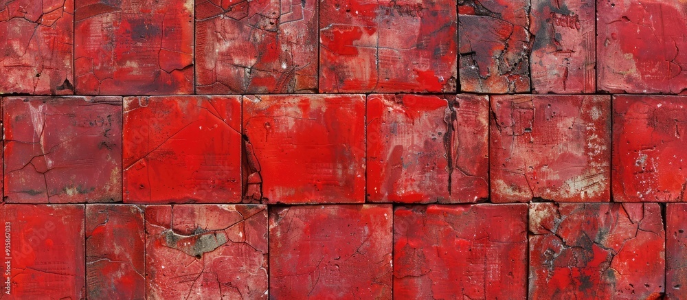 Red brick block wall displays a pattern of stacked blocks with a rough ...