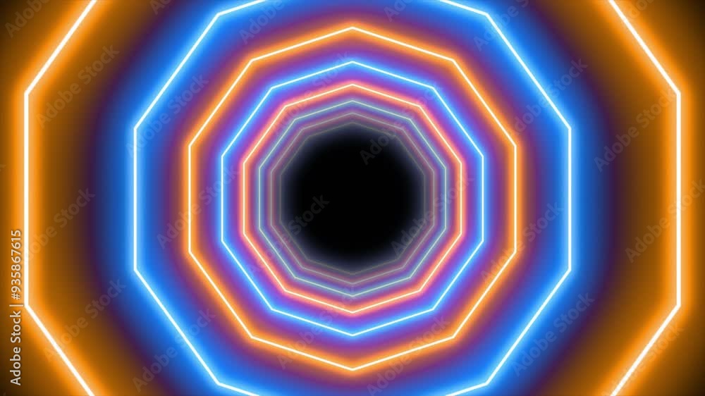 Motion graphic, camera fly in art space or tunnel with neon light ...