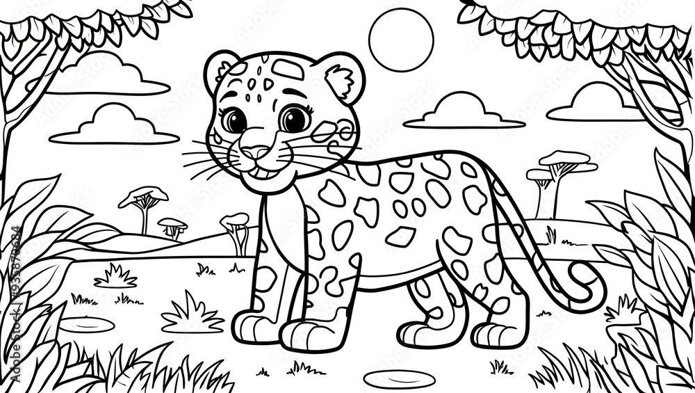 Coloring book page showcases cute panther standing playfully in natural ...