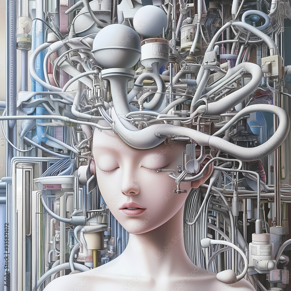 Surreal Illustration of a Human Brain Connected to a Keyboard by Wires ...