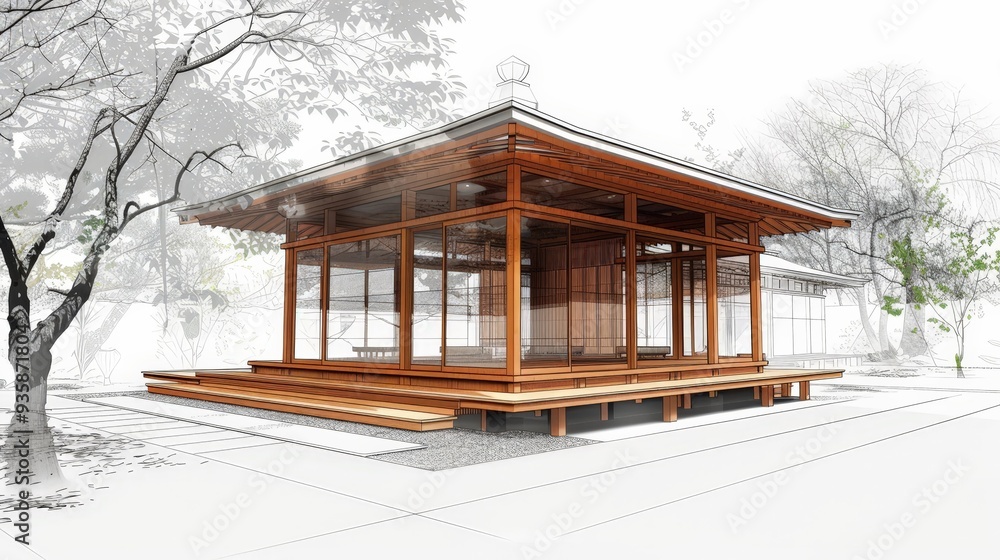sketch of a traditional Japanese tea house, highlighting its simplicity ...
