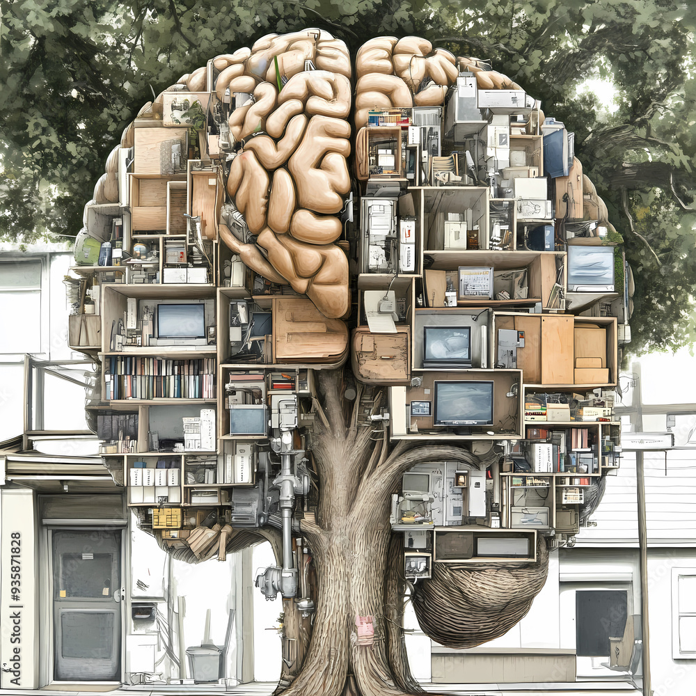 Surreal Illustration of a Human Brain Connected to a Keyboard by Wires ...