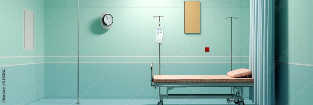 Empty Hospital Room with Bed, IV Pole, and Clock - A sterile hospital ...