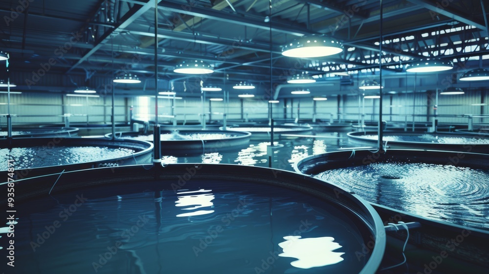 Rows of large circular water tanks in an indoor aquaculture facility ...