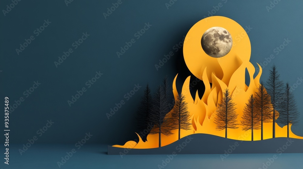 Full Moon Over Burning Forest - Paper Cutout Art - A full moon shines ...
