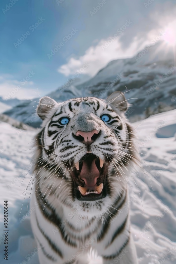snowy mountains The extreme angle from below captures a white tiger ...