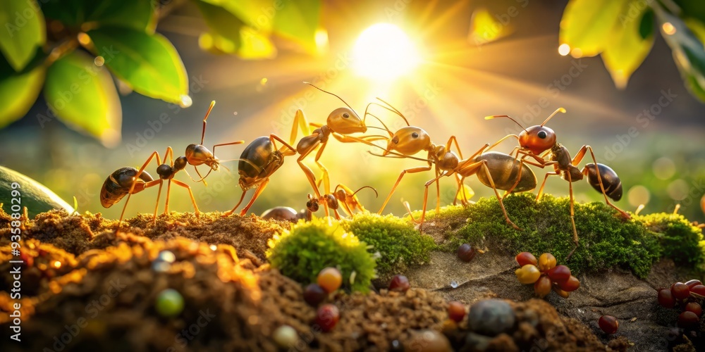 Warm, golden hour light, ants working together to harvest food ...