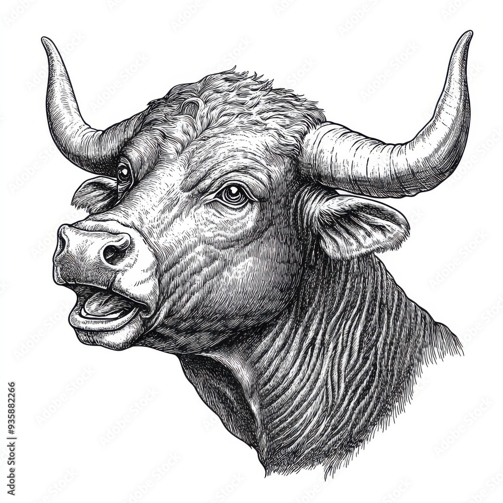 Black and white Vintage engraved art of a bull bellowing, isolated on ...