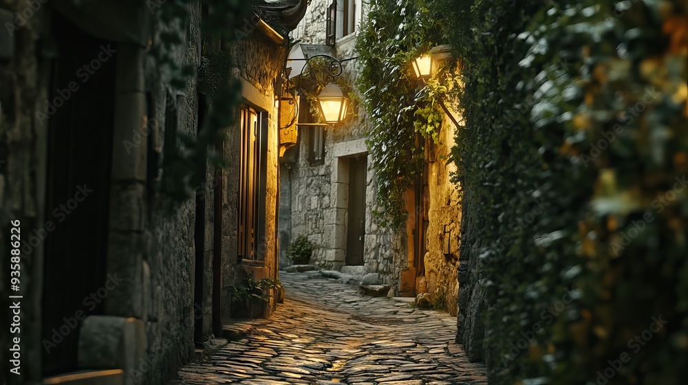 Narrow Alleyway in an Ancient Village with Cobblestone Streets, Ivy-Covered Walls, and Soft ...