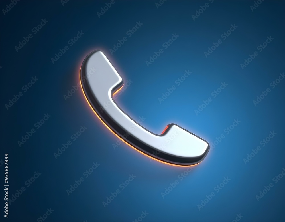 A 3D phone symbol created in metallic silver, with a curved form and ...