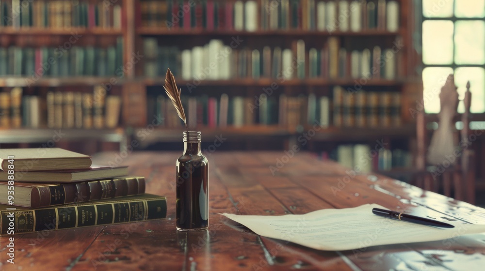 Antique library table with an ink bottle, feather quill, and paperwork ...