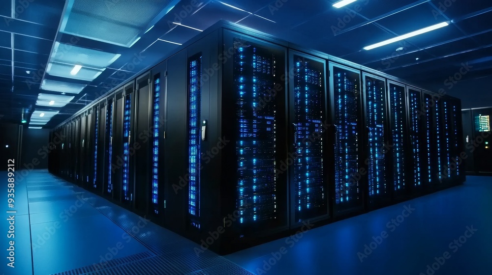 Modern Data Center Server Room with Blue Lights - Rows of servers in a ...