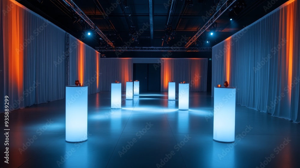 Modern Event Space with Illuminated Pillars and Draped Walls - An empty ...
