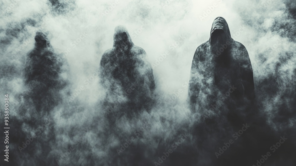 Mysterious Figures Emerging from Smoke - Three shadowy figures in hooded robes emerge from a ...