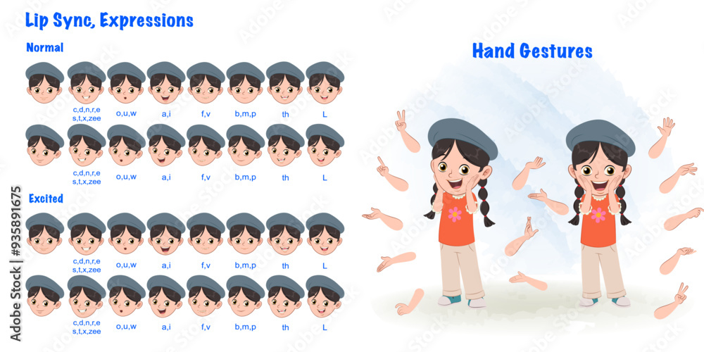 A beautiful little girl cartoon character with hat creation set with ...