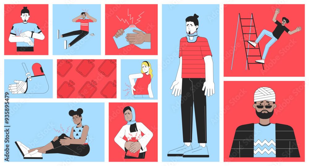 People with injuries bento grid illustration set. Painful accidents and ...