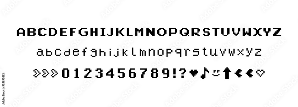 Font set in pixel art. Alphabet letters, symbols, signs, numbers ...