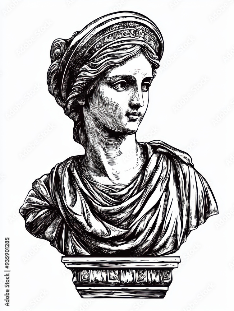 Black and white Vintage engraved art of a classic half-body portrait ...