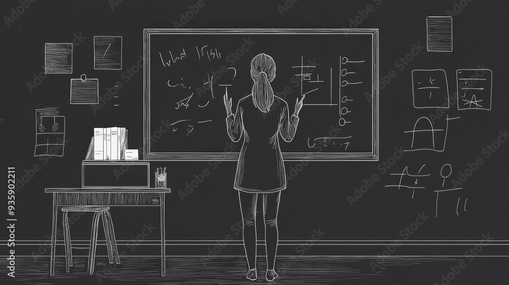 ภาพประกอบสต็อก Teacher Writing on Blackboard in Classroom - A female ...