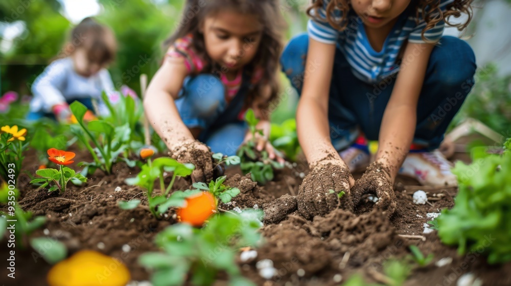 Family Gardening: In the garden, the family works together, planting ...