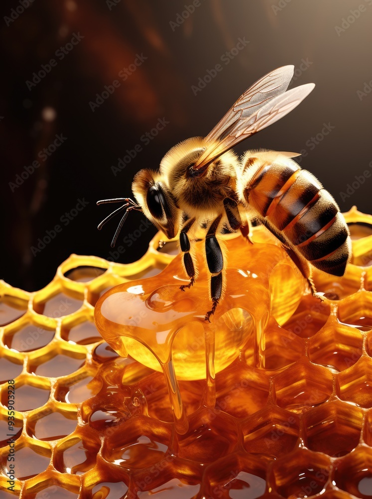 Honey bee on honeycomb with dripping amber-colored liquid. The honey is ...