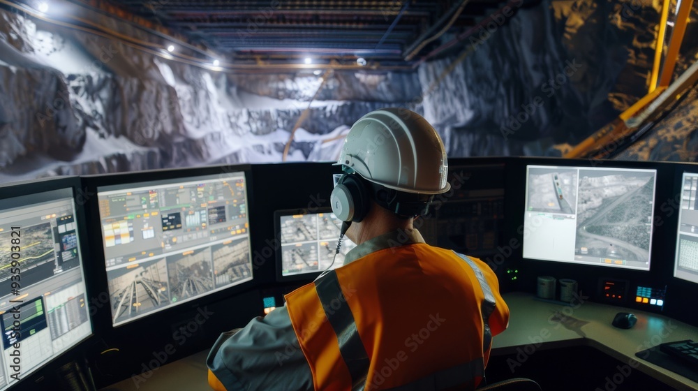 Worker in a high-tech control room monitors multiple screens in an ...
