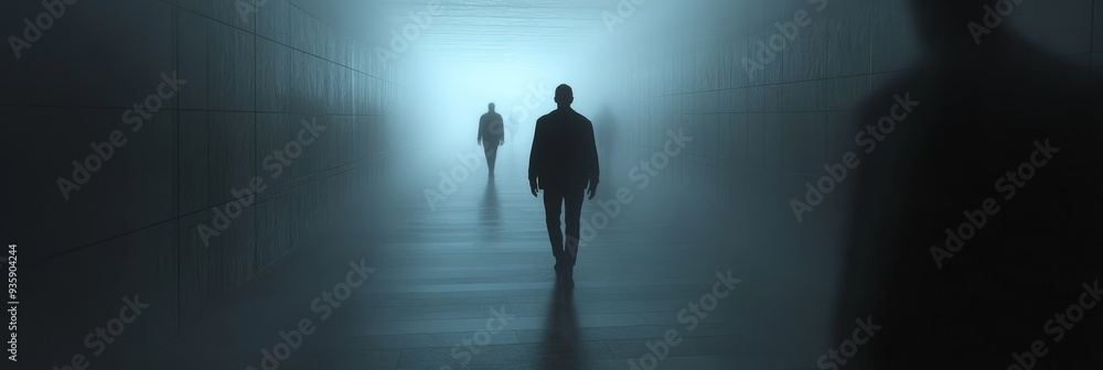 Two Figures Walking Towards Light in Foggy Tunnel - Two figures walking towards a light source ...