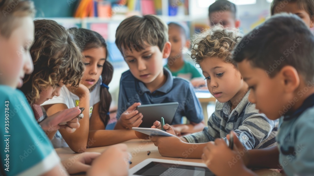 A group of young children seated around a table, engaged in a ...
